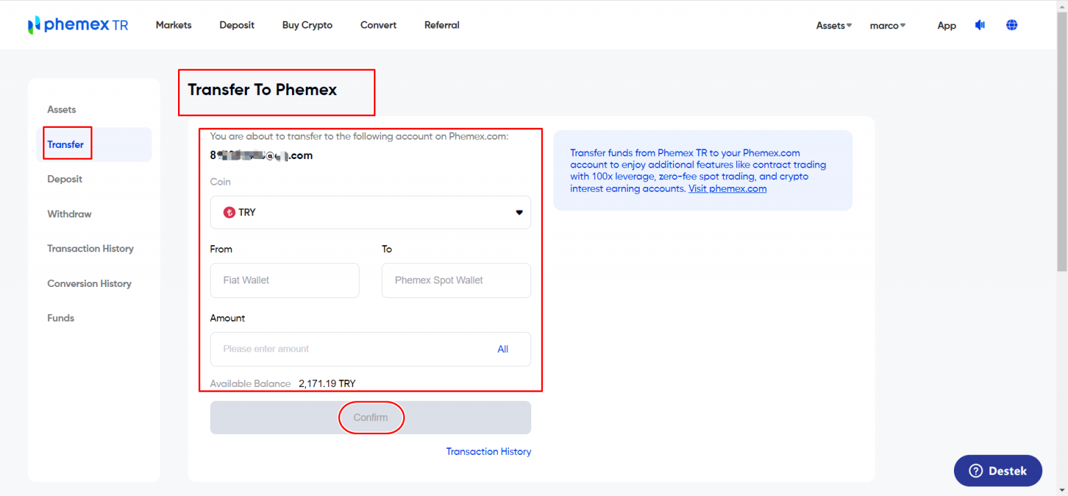 How to Deposit and Transfer with Phemex TR (Web & APP) - Phemex